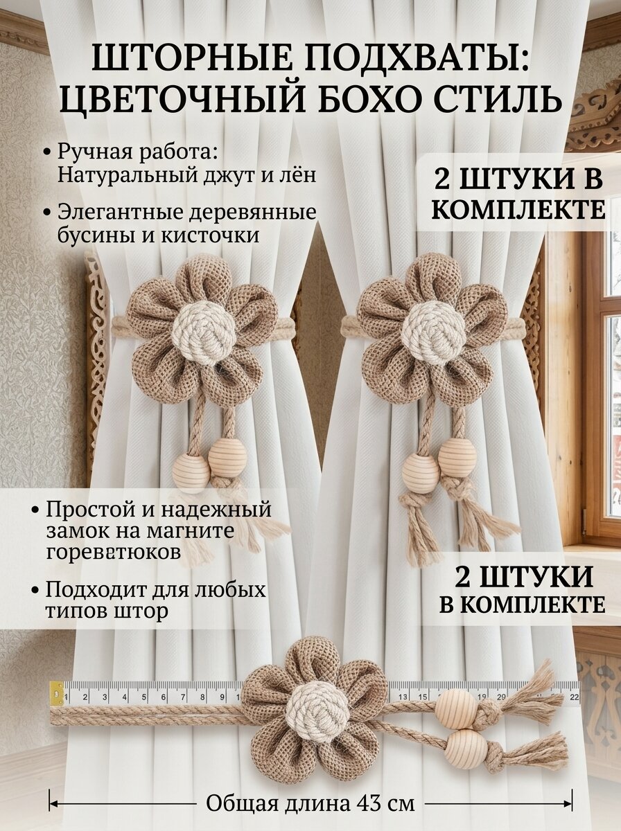 Кисти подхваты для штор 2 шт. Бежевые цветы, магнитная пряжка