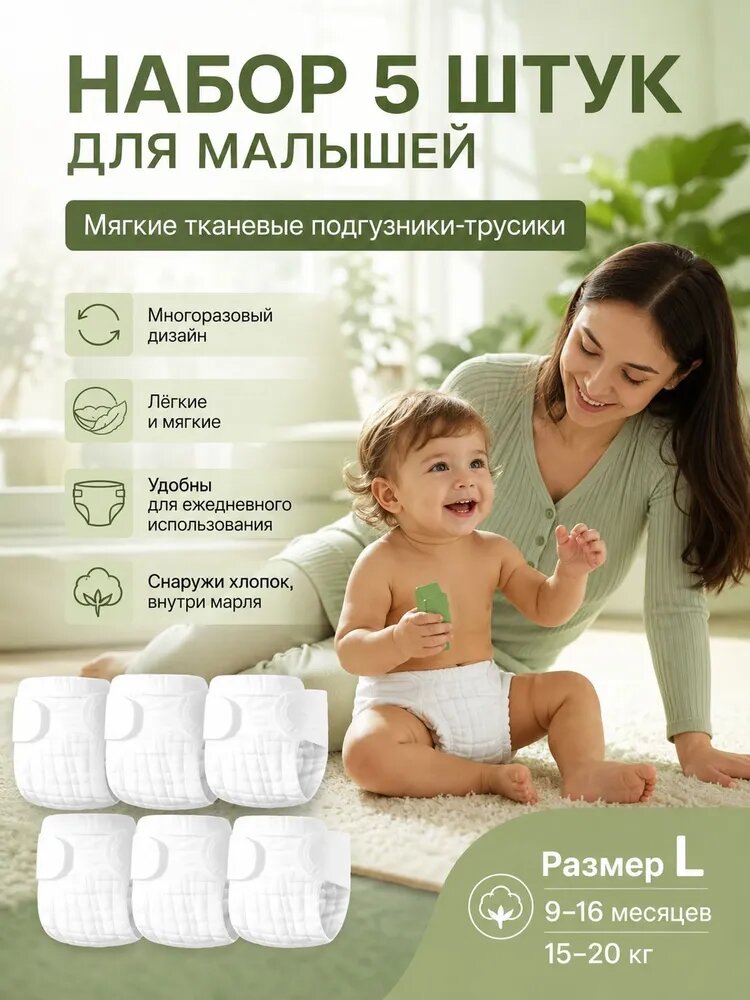 Детские моющиеся хлопковые марлевые подгузники (белое,5шт, размер L, 9-15 месяцев)