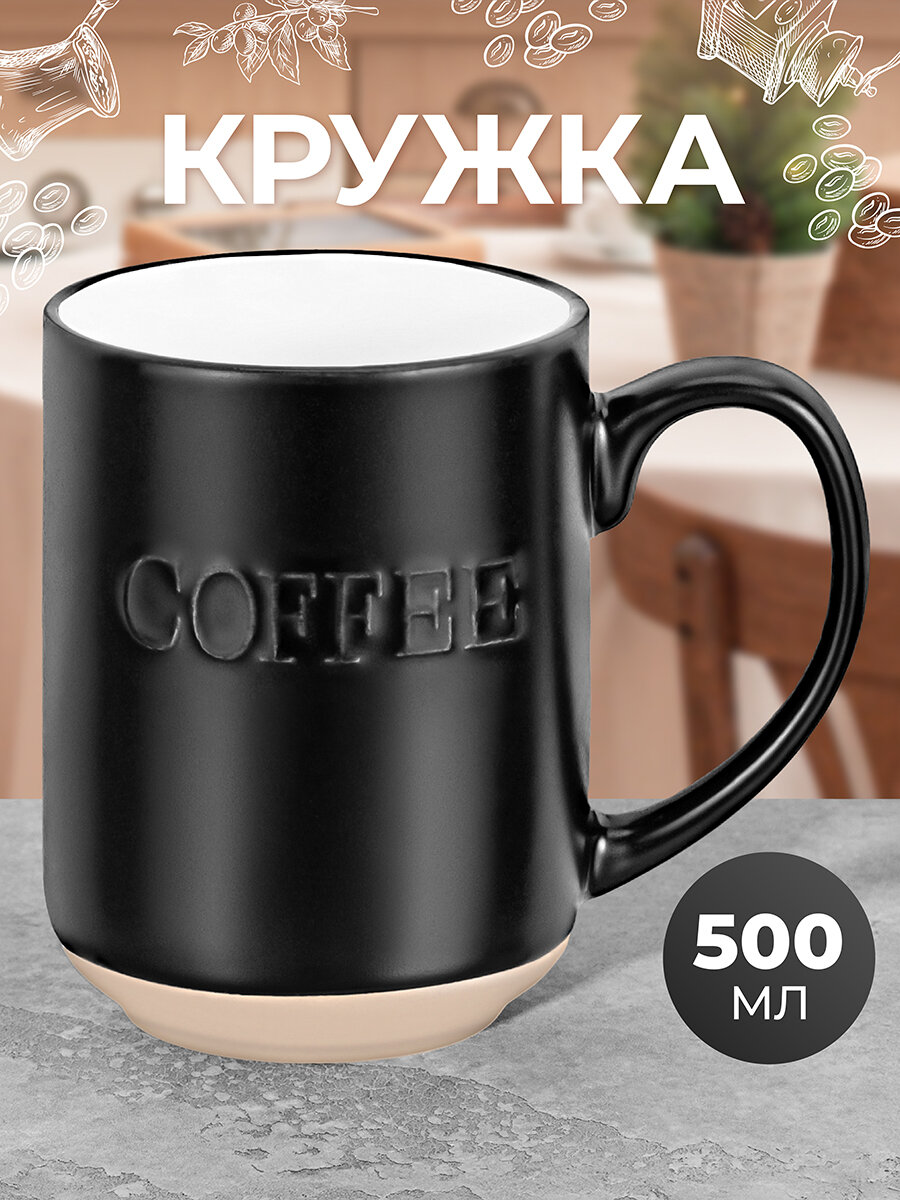 Кружка, чашка для чая, кофе, капучино Elan Gallery "COFFEE" 500 мл 13х8,8х11,5 см, черная
