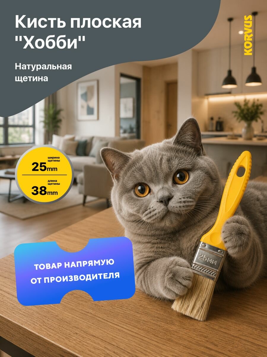 Кисть малярная плоская Korvus "Хобби", натуральная щетина, пластмассовая рукоятка КП-1, (25 мм.)