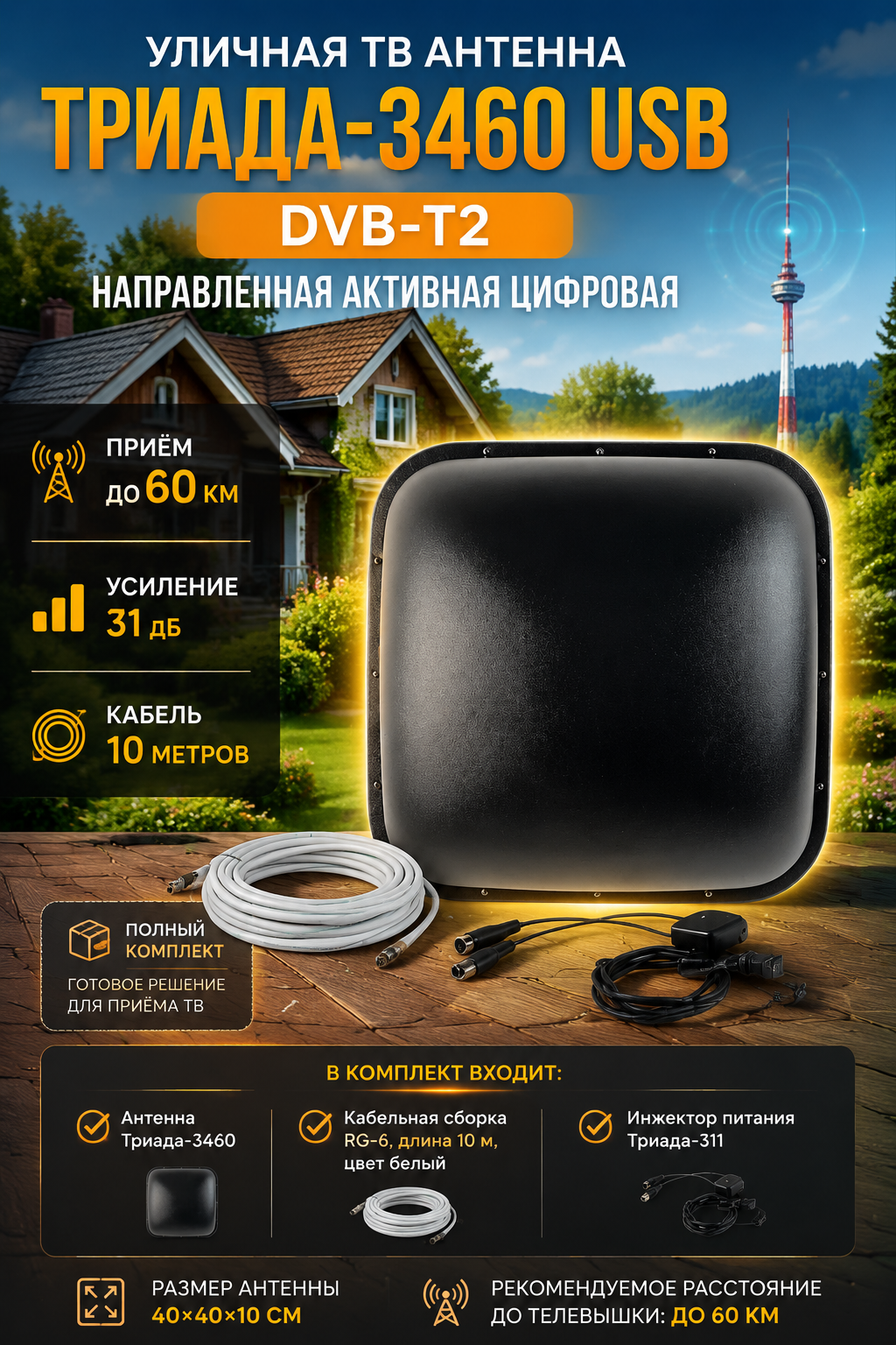 Антенна для цифрового ТВ уличная Триада-3460 ЮСБ для домашнего телевизора