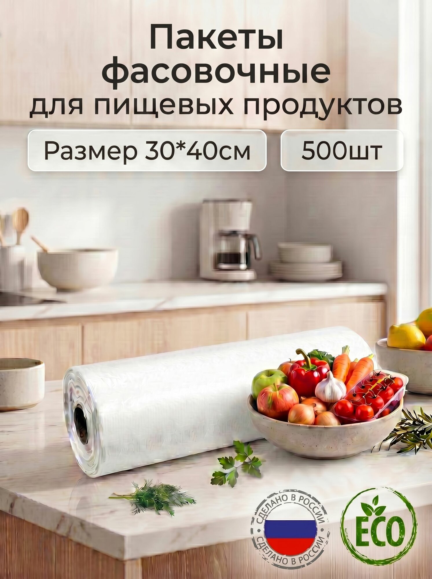 Пакеты фасовочные в рулоне 30*40см, 500 шт.