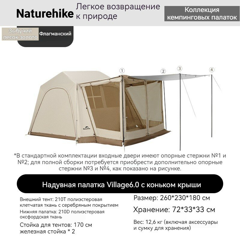 Naturehike Автоматический тент на крыше Village 6.0 с закрытой прихожей, солнцезащитный титановый винил CNK2650WS037