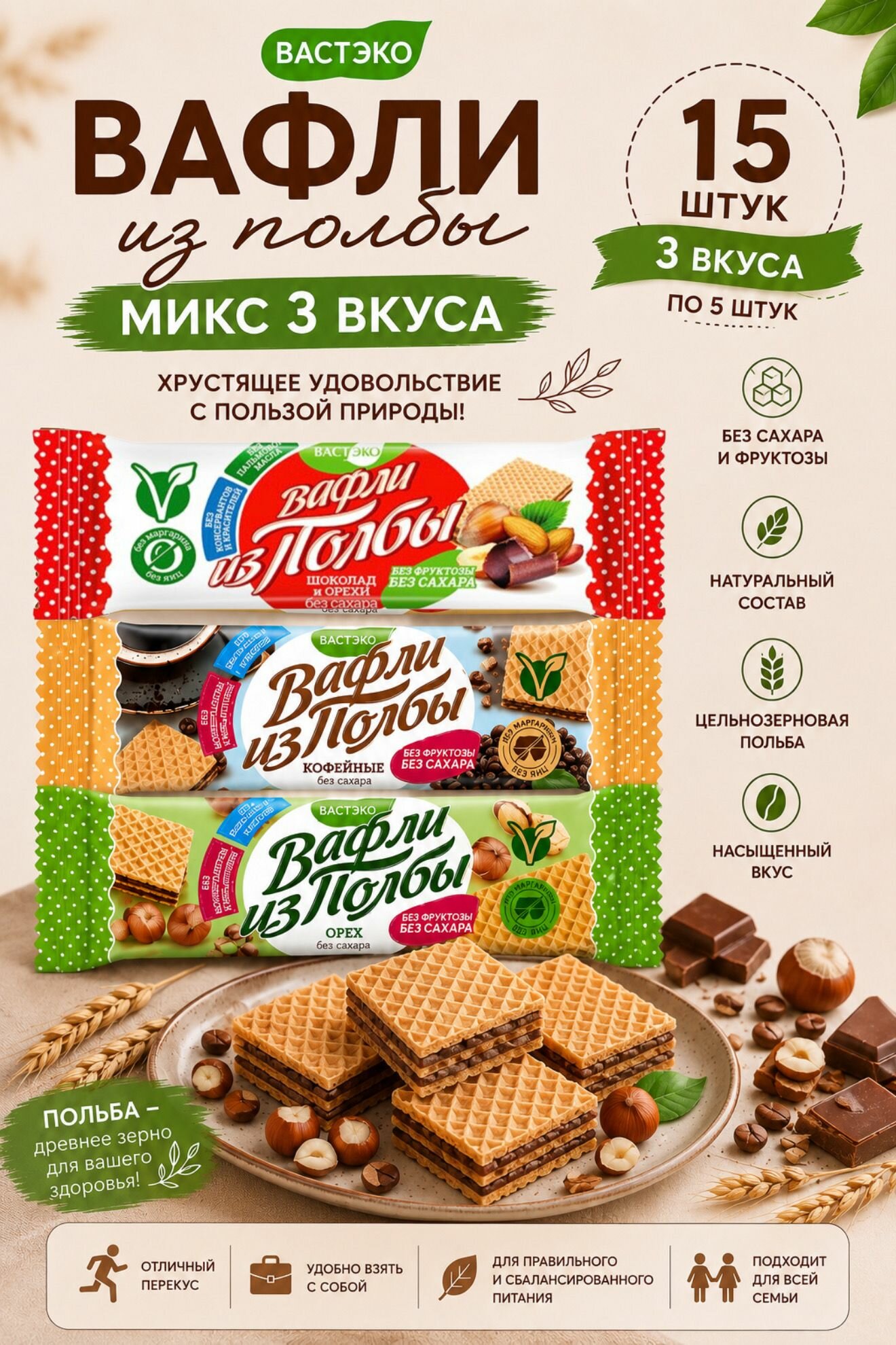 Вафли из полбы, без сахара , Ассорти 3 вкуса-Орех, Шоколад, Кефейные. 15 шт по 15гр.