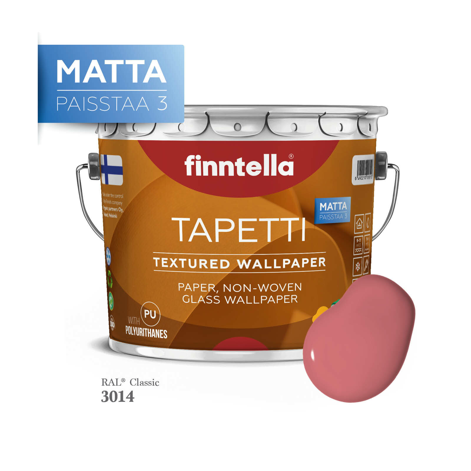 Матовая краска для обоев под окраску TAPETTI Matta FINNTELLA, Цвет RAL 3014 Темно-розовый (Antique pink), 2,7л