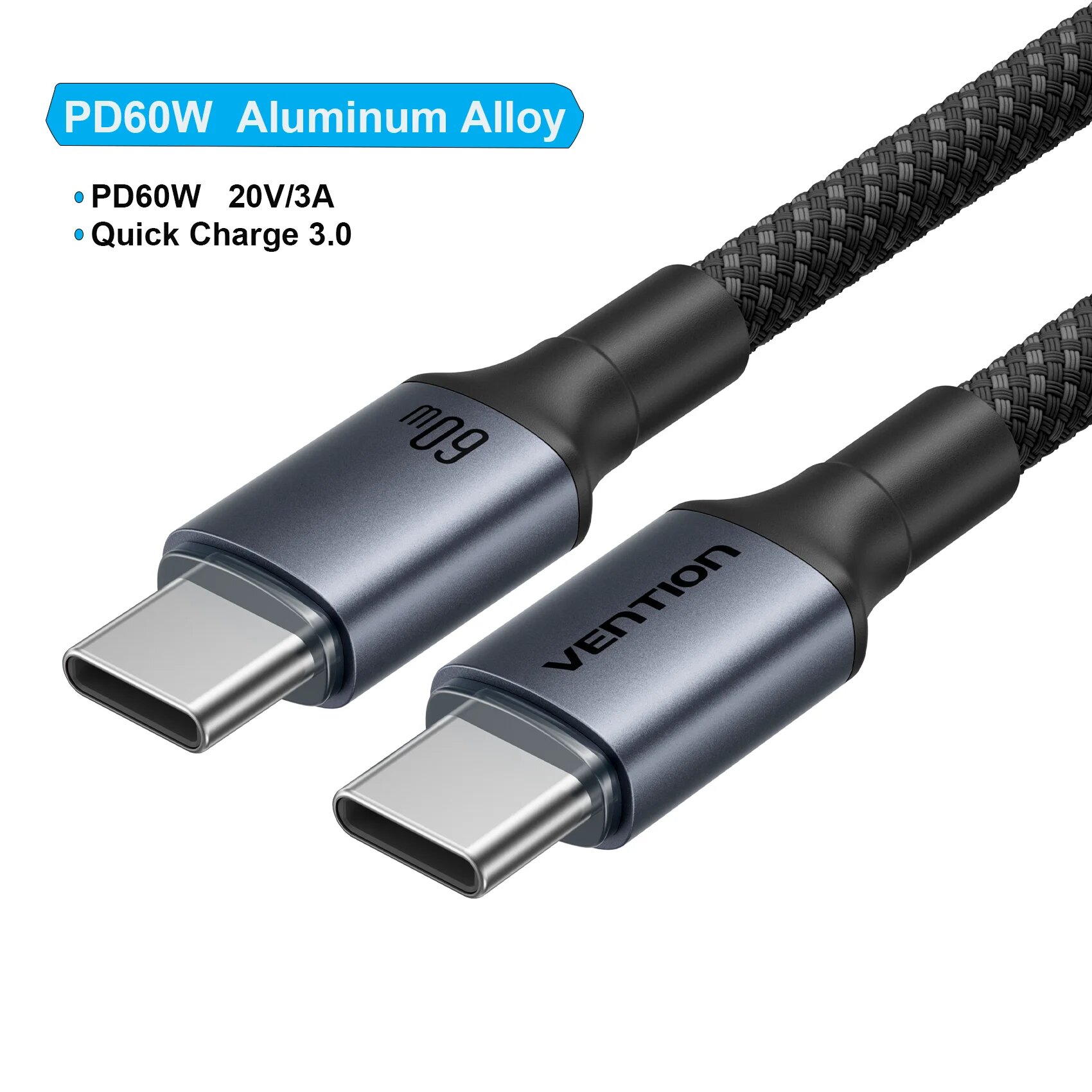 Кабель USB-C Vention 2м, PD60W, Type-C - Type-C, черный