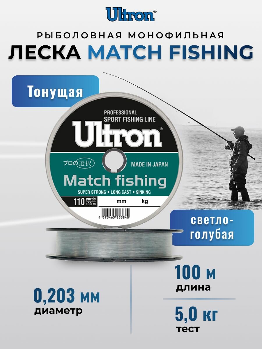 Тонущая леска для матча ULTRON Match Fishing 0,203 мм, 5,0 кг, 100 м, Мягкая Монофильная Для рыбалки Летняя / светло-голубая 1 шт