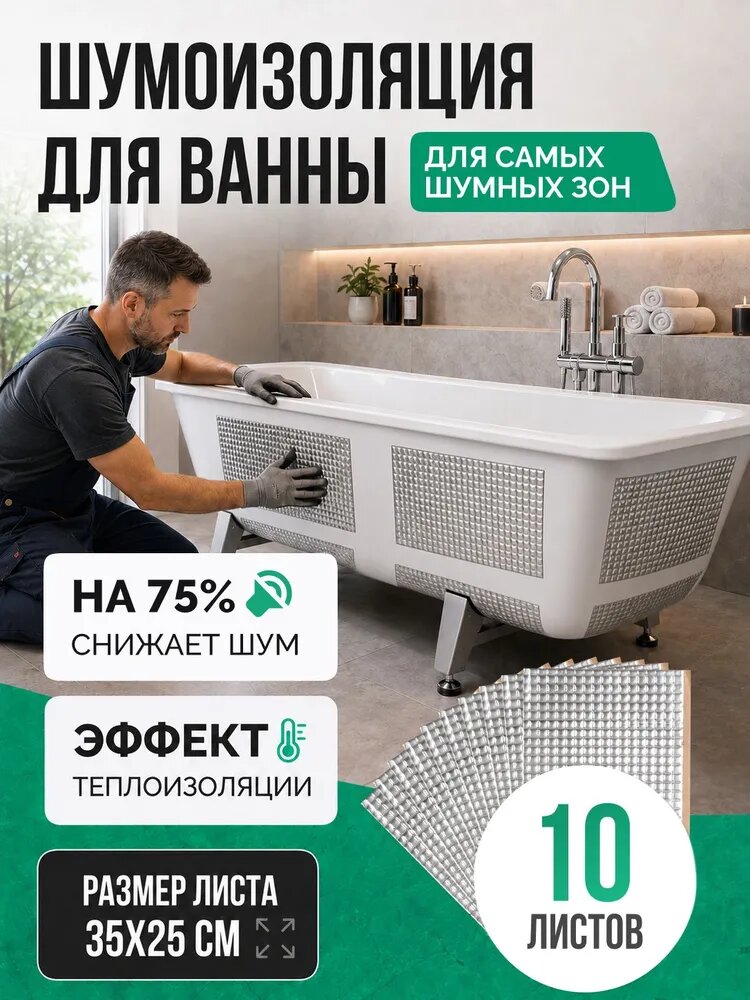 Шумоизоляция для ванны SGM ECO 10 листов для самых шумных зон. Звукоизоляция сантехники, канализации 110, стояка. Для кухни, раковин поддонов