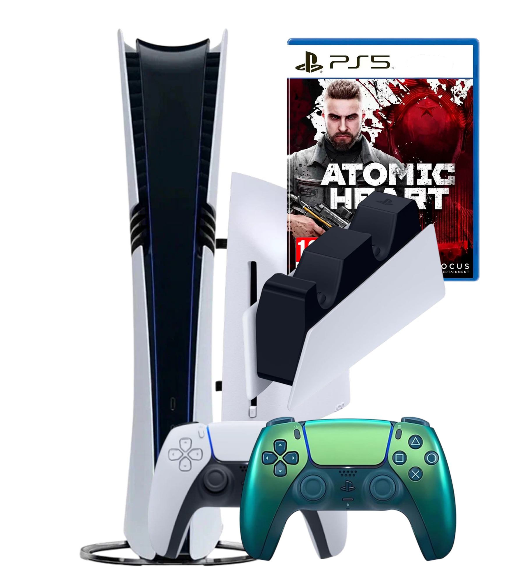 Игровая приставка PlayStation 5 Pro + 2й геймпад зеленый хром + игра Atomic Heart + станция зарядки + дисковод