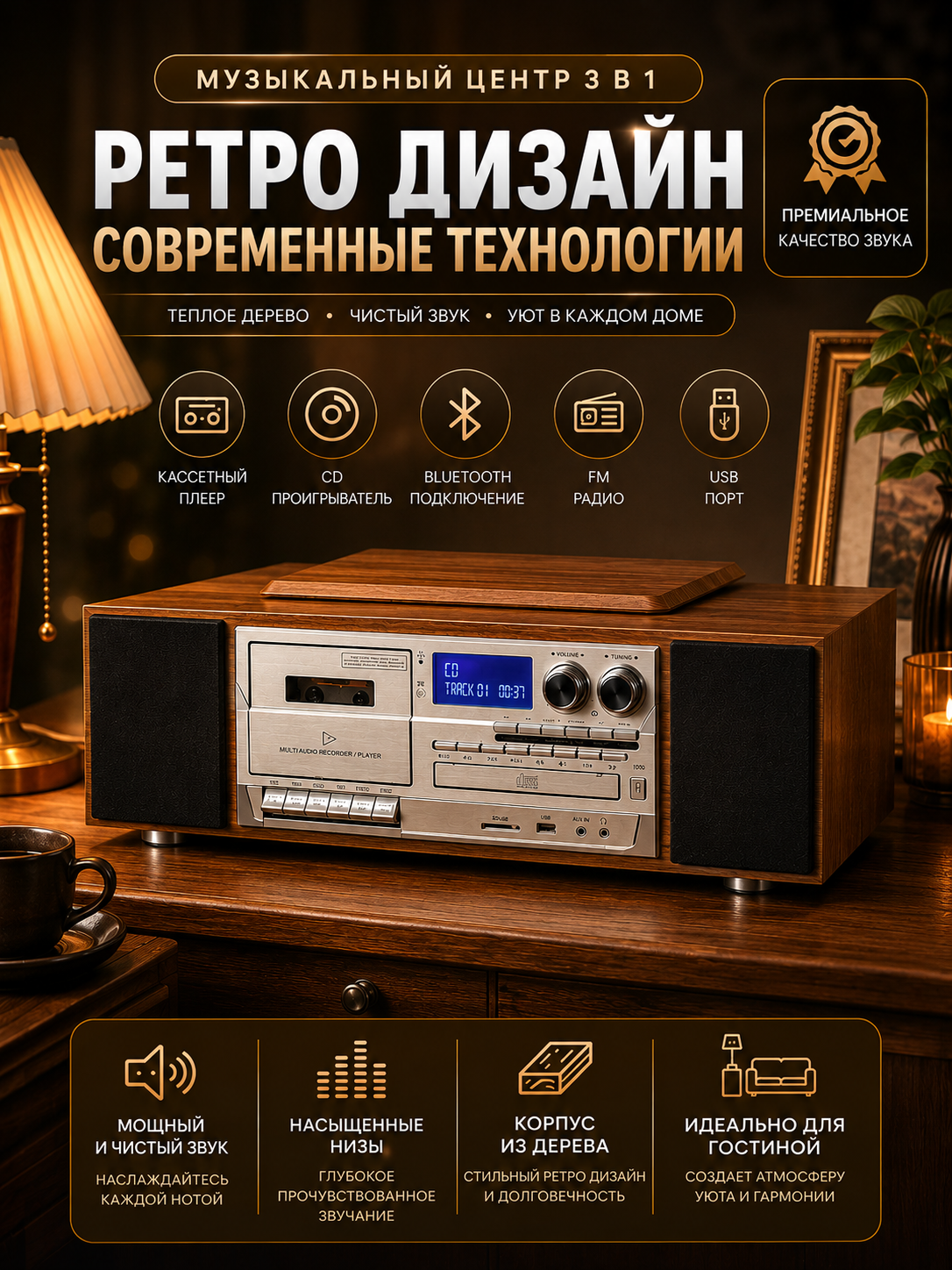 Многофункциональный музыкальный центр, поддержка воспроизведения компакт-дисков и кассет, деревянный динамик Bluetooth