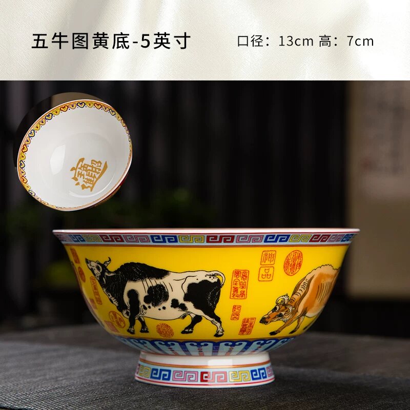Большая желтая костяная фарфоровая керамическая миска для риса, 5 дюймов, термостойкая, ручная работа для семьи