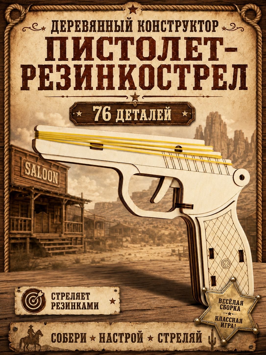 Деревянный конструктор Пистолет резинкострел, Чудо-дерево, сборная модель