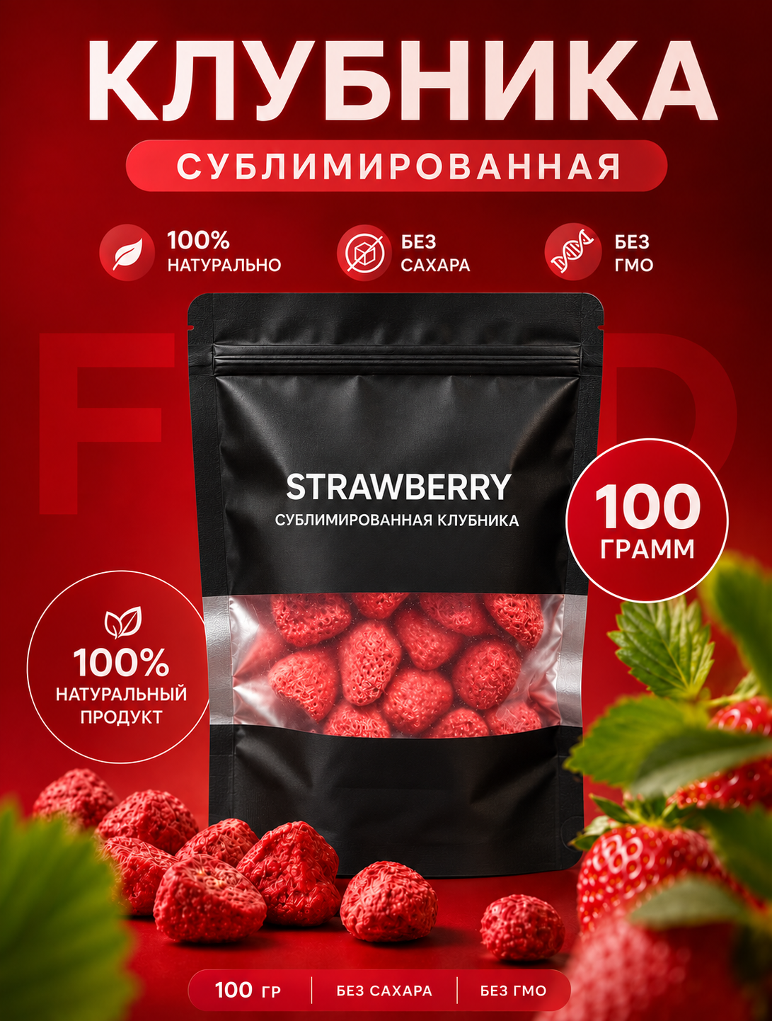 Клубника сублимированная целая, ягоды сушенные, без добавок 100гр