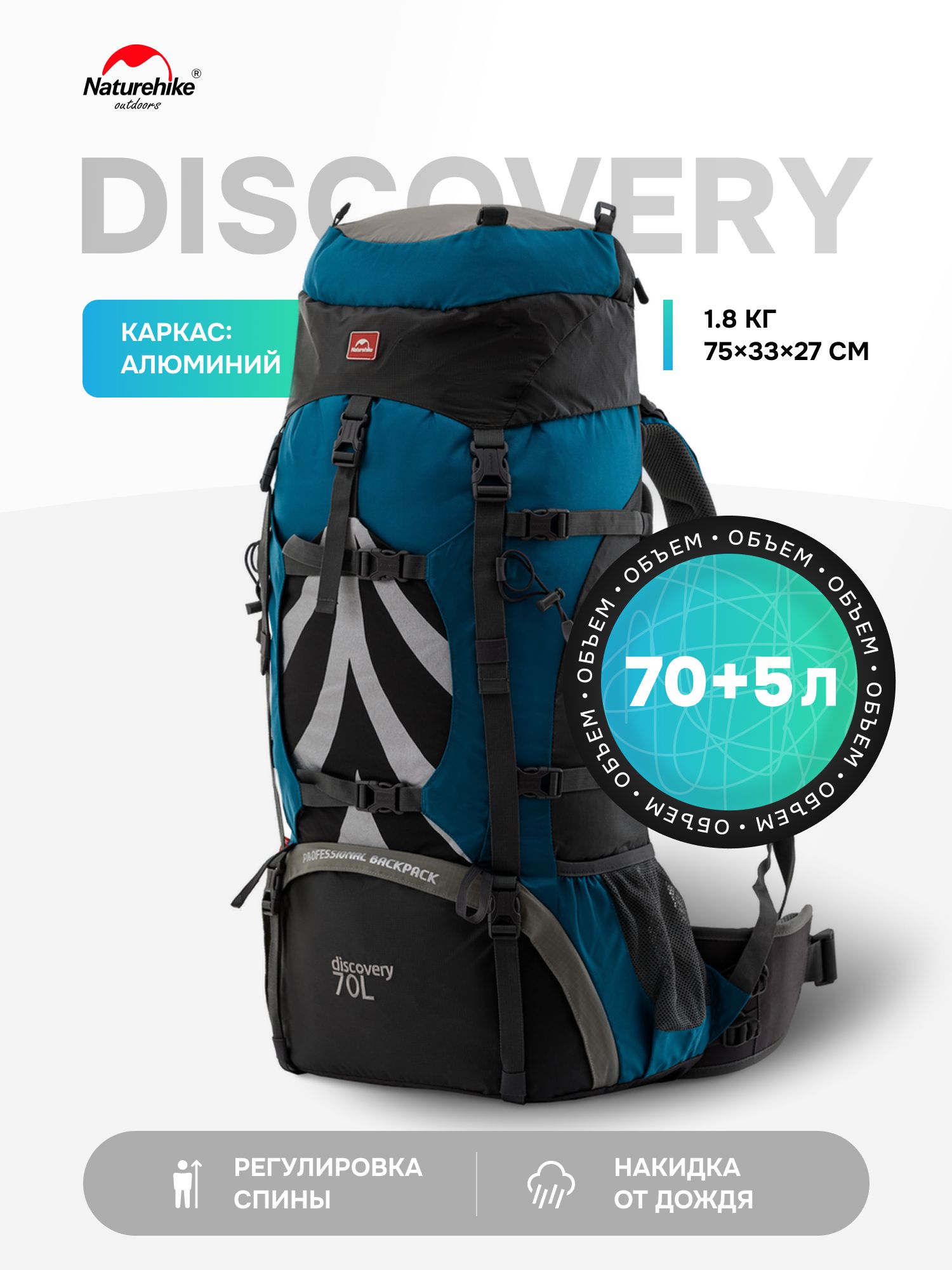 Рюкзак туристический походный Naturehike Discovery 70+5л, синий