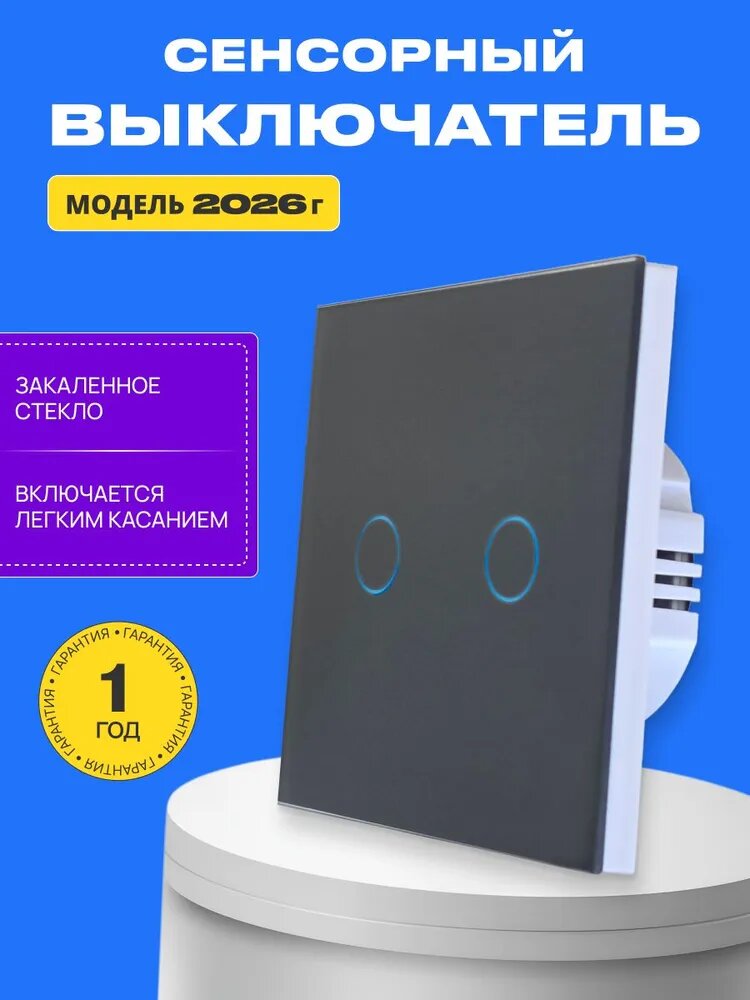 Выключатель сенсорный двухклавишный серый , стеклянный/ 240 Вт