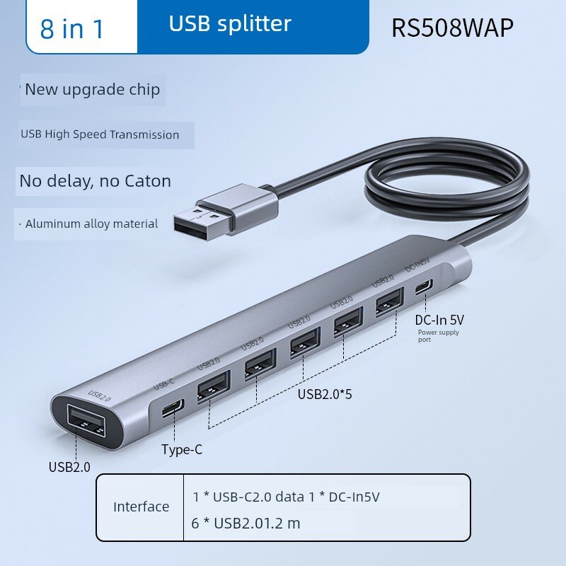 1.2M USB 8-in-1 Хаб с 6 портами USB 2.0, Type-C для питания и данных