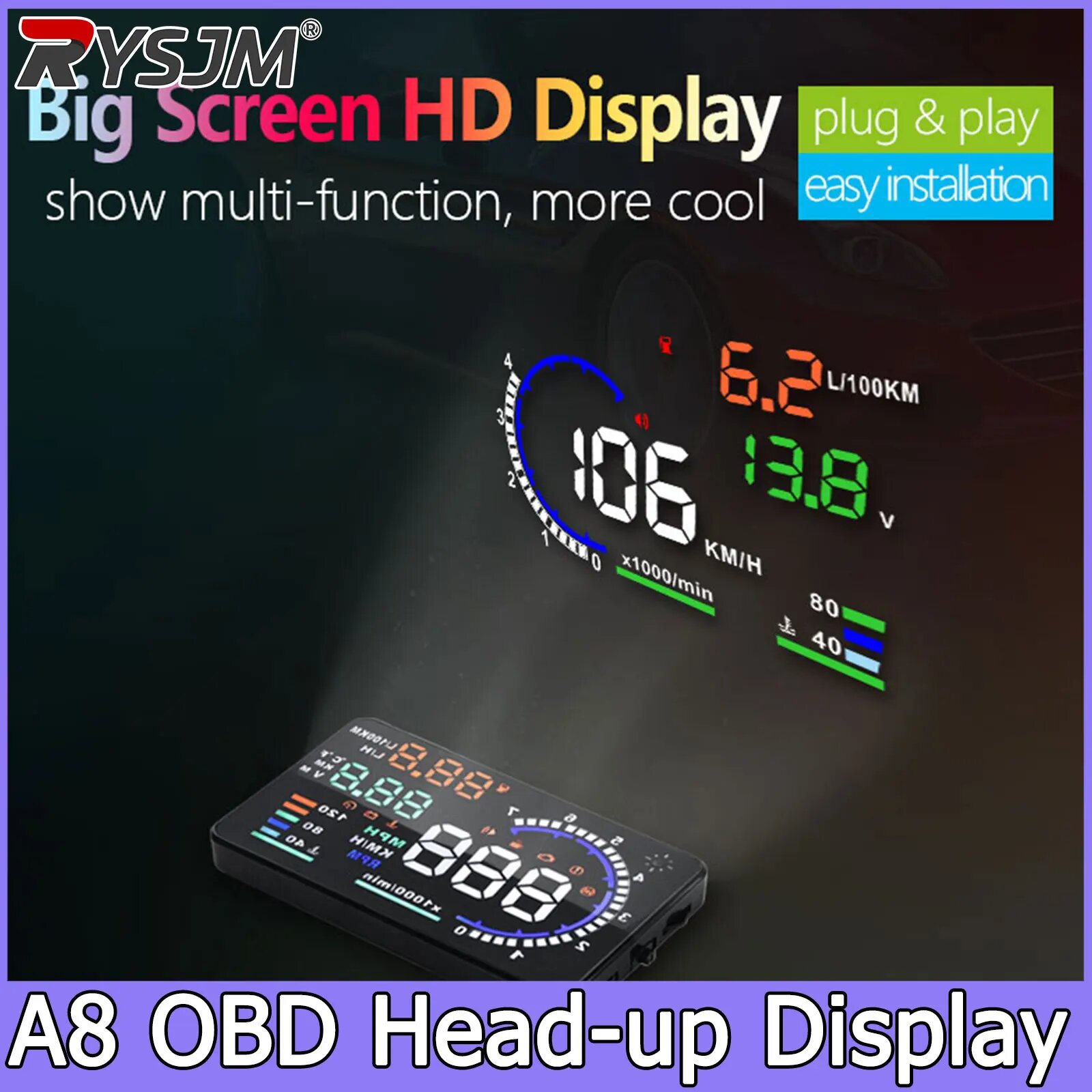 Проекционный Дисплей A8 OBD HUD На Лобовое Стекло Автомобиля: Спидометр, Тахометр С Предупреждением О Превышении Скорости
