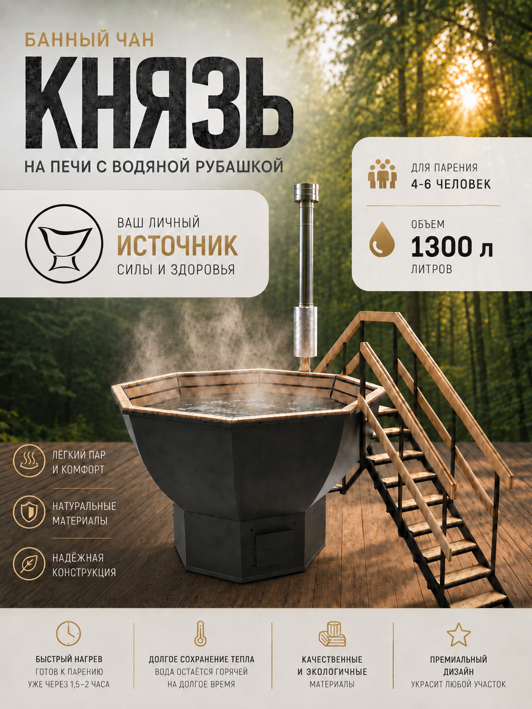 Банный чан князь 180 см на 4–6 человек с печью и водяной рубашкой