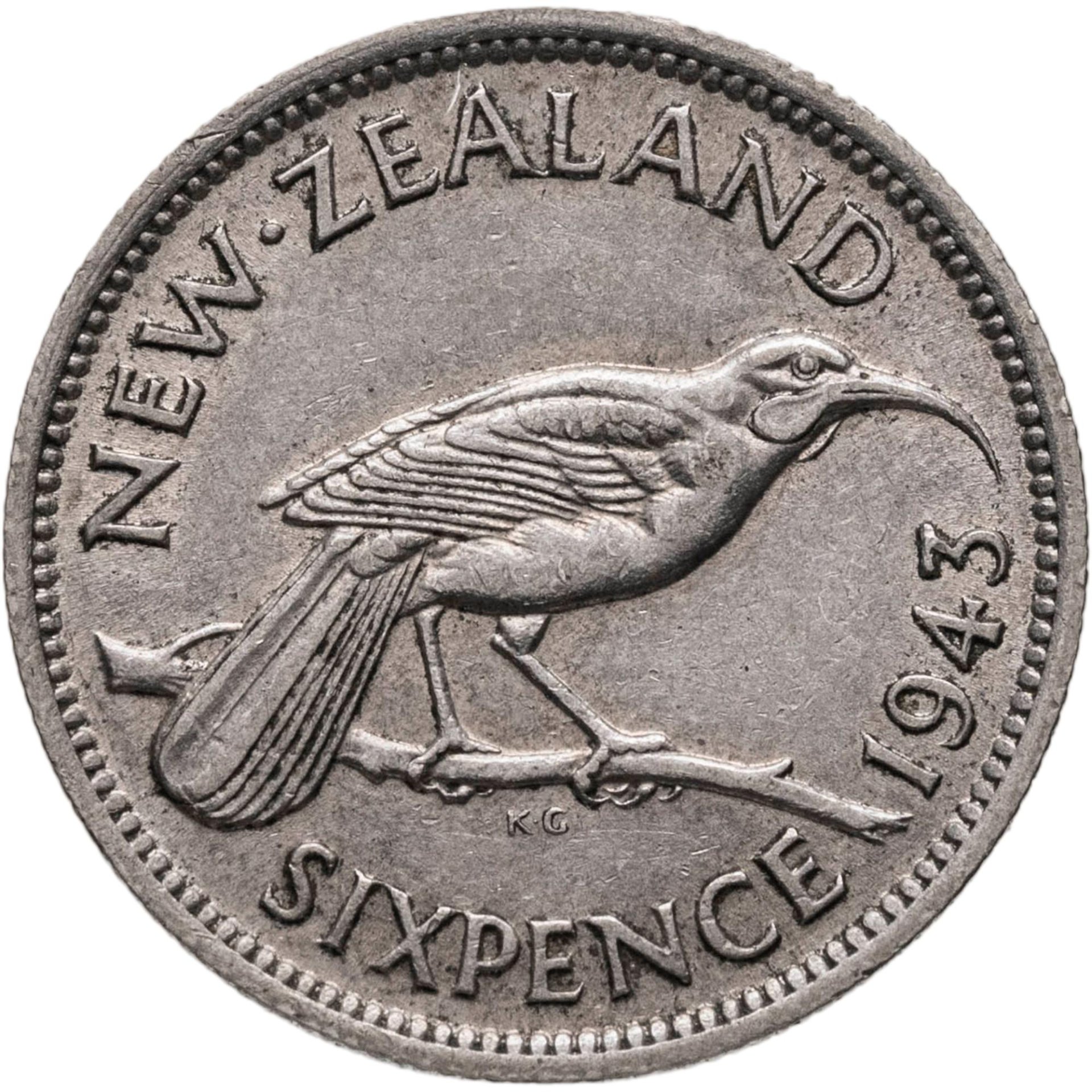 Новая Зеландия 6 пенсов pence 1943, Серебро 500, в сохранности XF