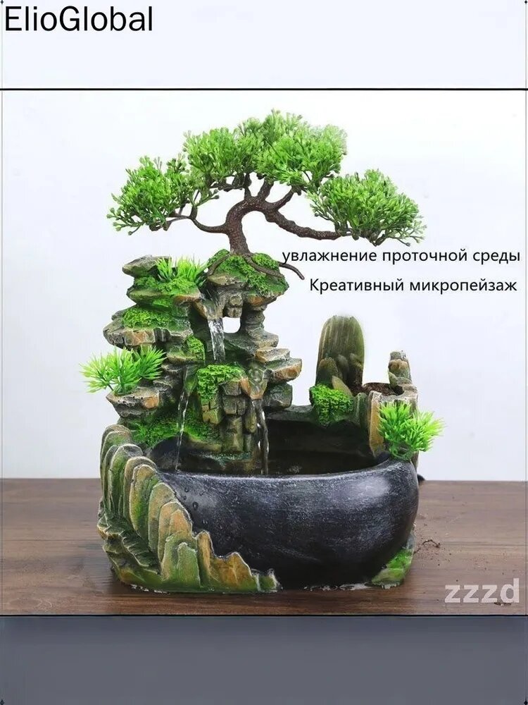 Эксклюзивный настольный декор с проточной водой, объединяющий миниатюрный рокарий и креативный бонсай для творческих поделок