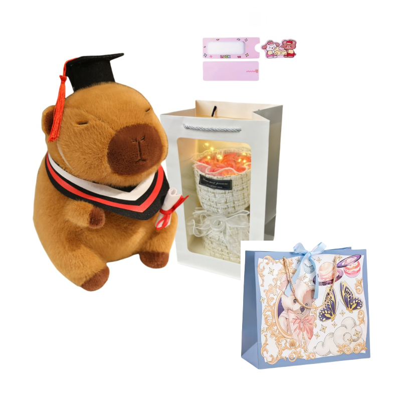 Плюшевая игрушка унисекс AOLETU Доктор Капибара Кун, 20CM EU, Graduation Capybara-Red Pompon+Litchi Pink Bouquet+Puppy Pull Tab Greeting Card