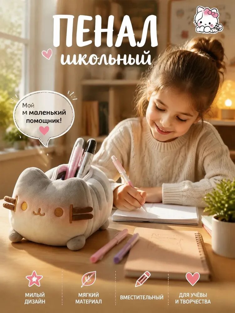 Пенал Пушин плюшевый мягкий школьный футляр серый вместительный подарок на 1 сентября для учеников 1-9 классов