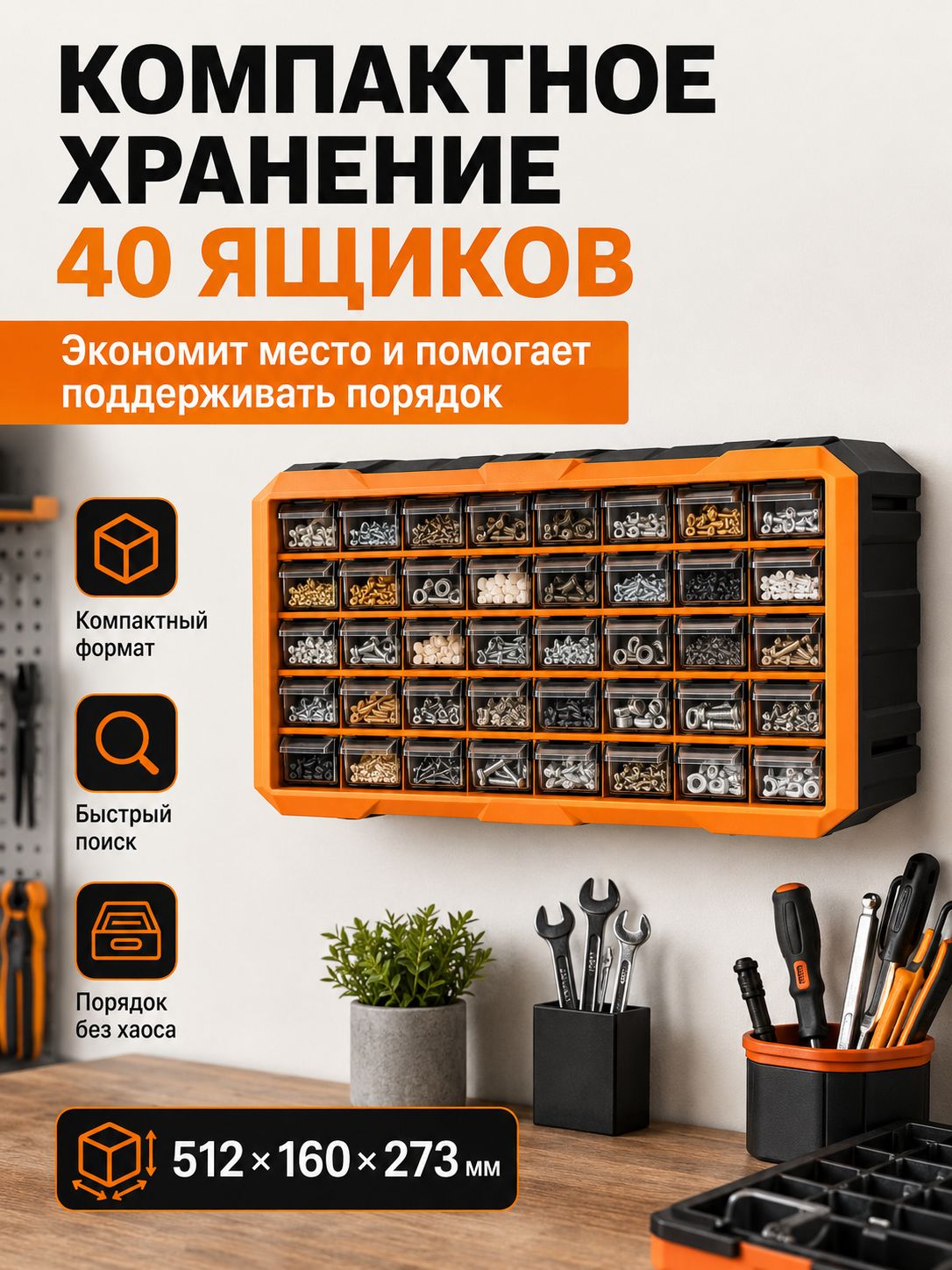 Ящик для инструментов 51.2 х 16 х 27.3 см, 40 секц, 40 отд.