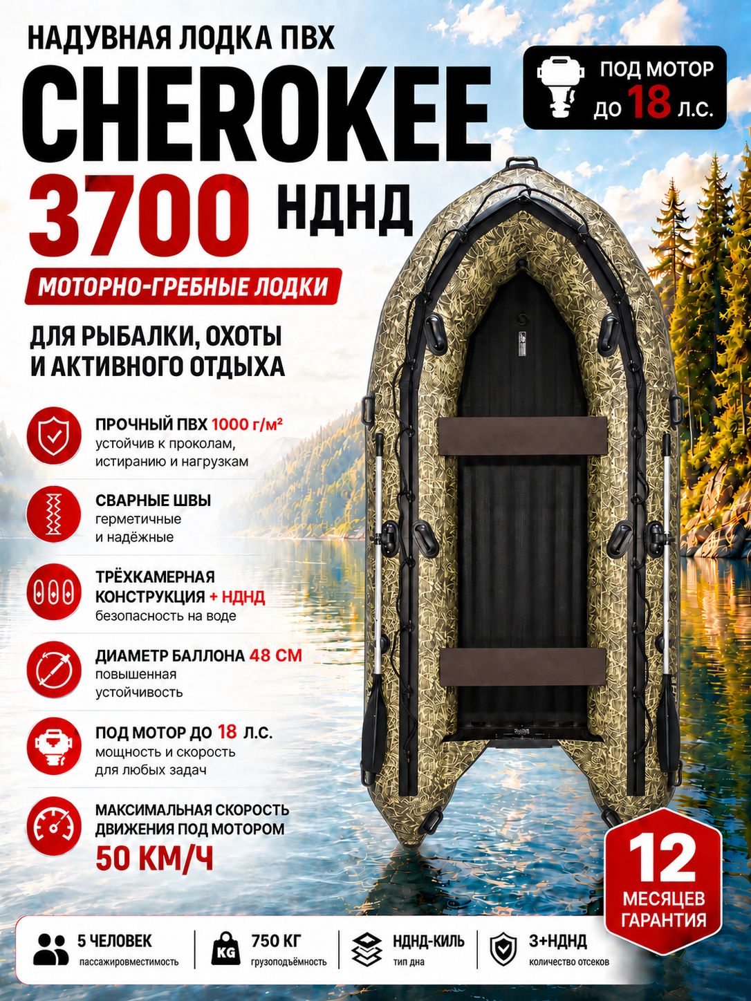 Лодка ПВХ под мотор CHEROKEE 3700 НДНД камуфляж, лодка надувная для рыбалки