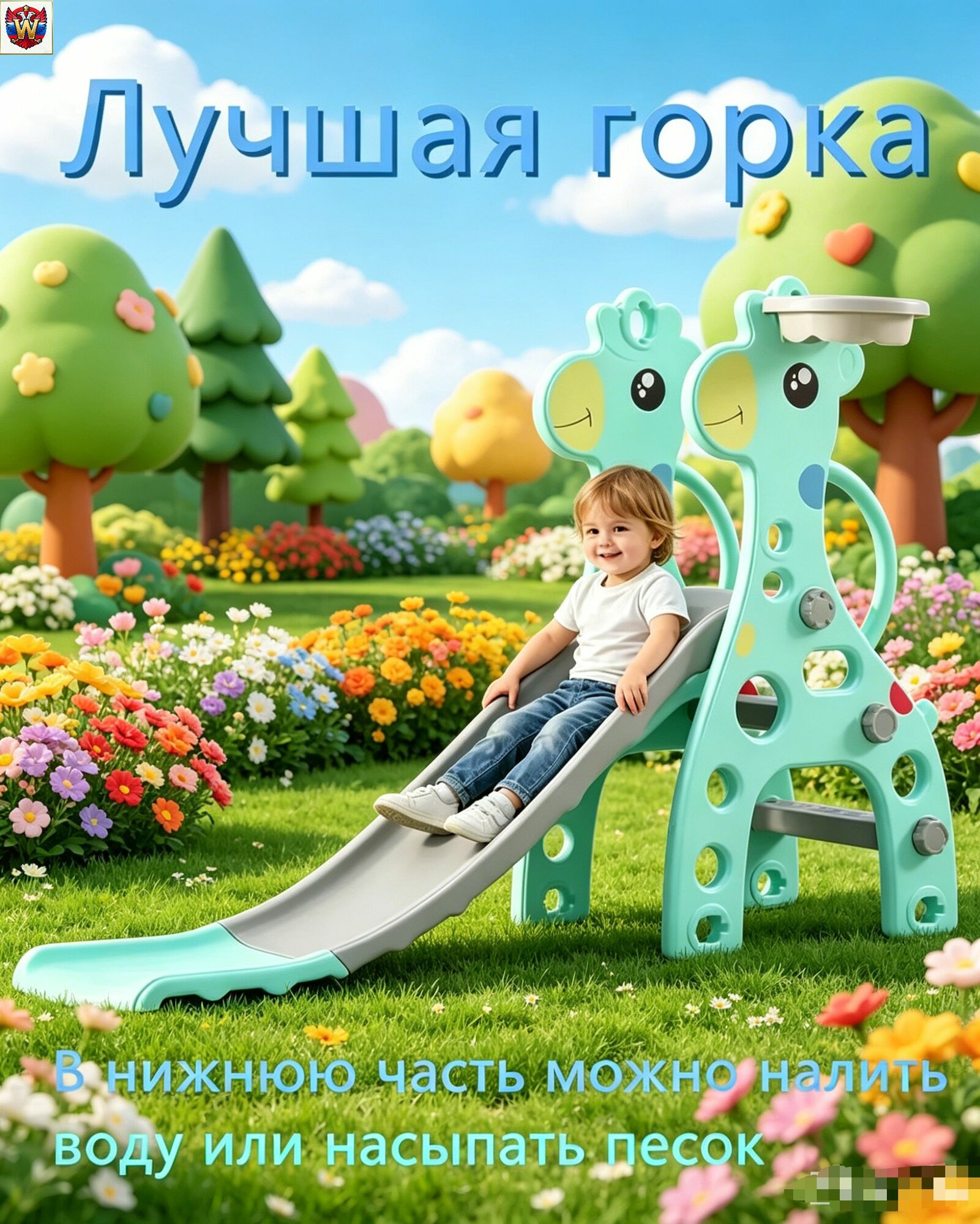 Горка детская для дома, для улицы Жираф, 1720х400х900 мм, бирюзовый
