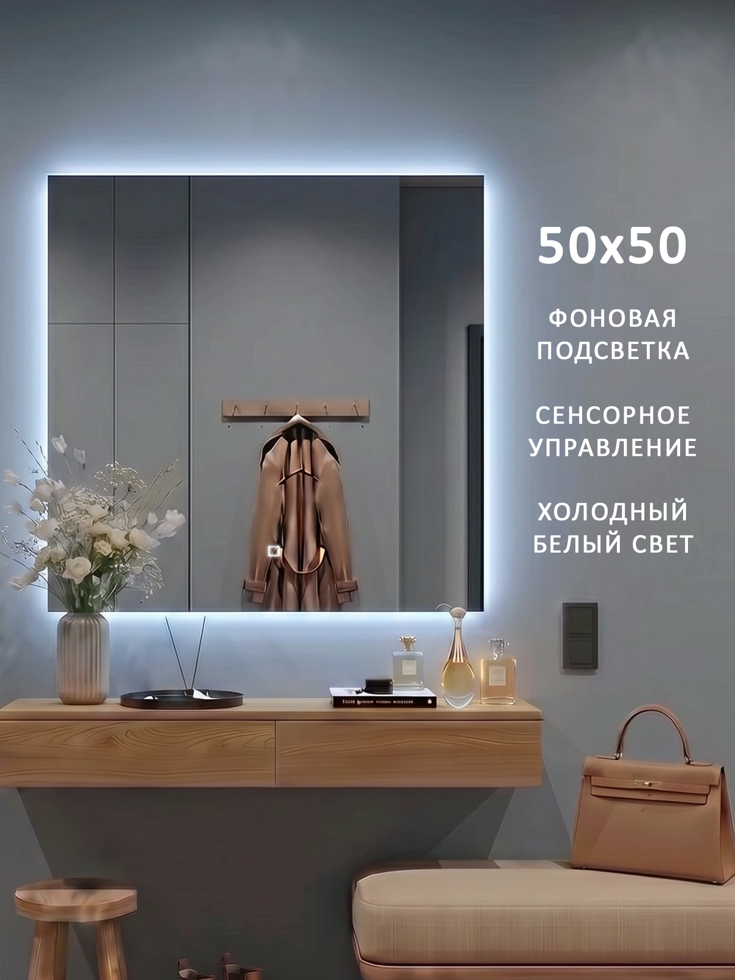 Зеркало настенное в прихожую Alias Квартал 50*50, холодная LED-подсветка, сенсор