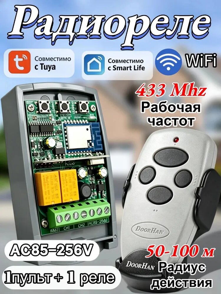 Двухканальное реле 220 В WiFi 433 МГц с 4-кнопочным пультом дистанционного управления