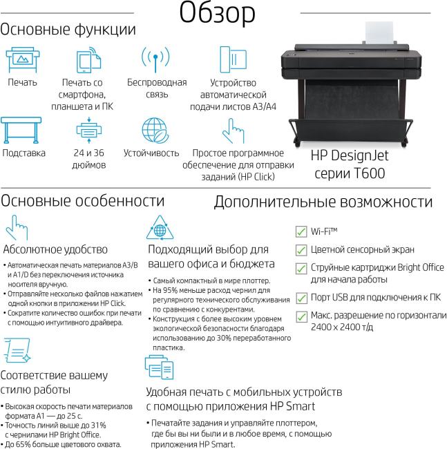 5HB11D Плоттер струйный HP DesignJet T630 (А0, 36", 4-х цветная, 2400x1200dpi, 1Gb, WiFi, Lan, USB, подставка) — фото 1