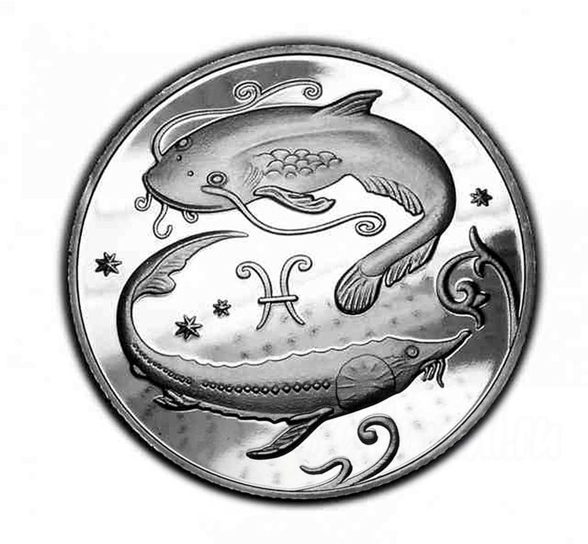 Монета бестмани "Рыбы", PROOF, посеребренный металл, 2005 г, 15 г