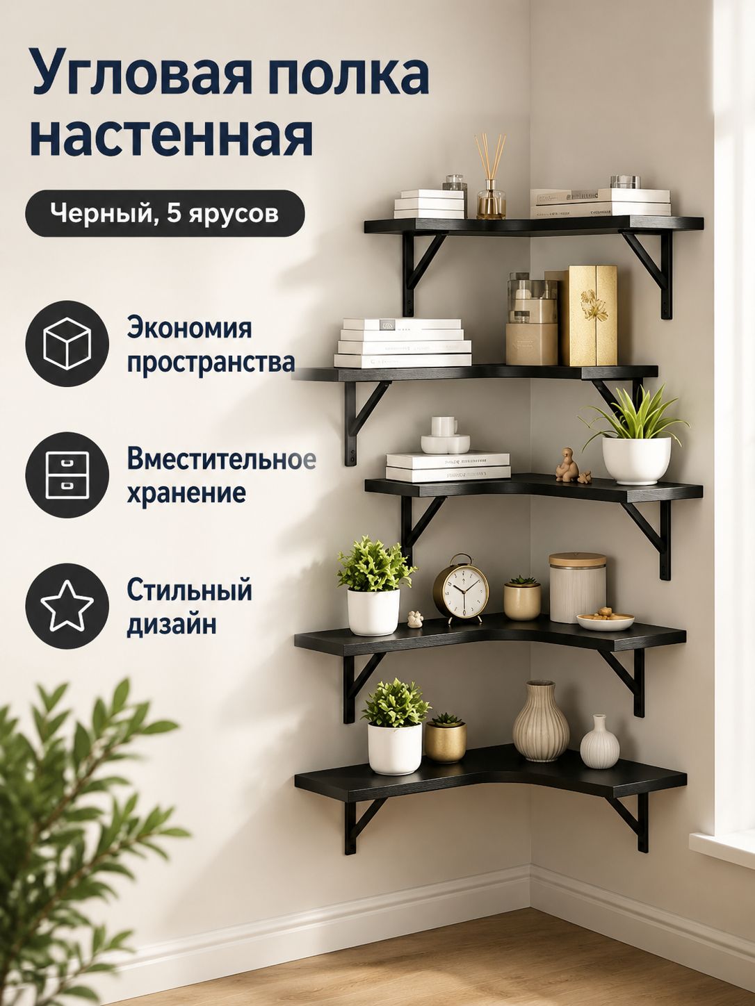 Угловая настенная полка 5 ярусов черная, настенный стеллаж для комнаты, для книг, декора и растений