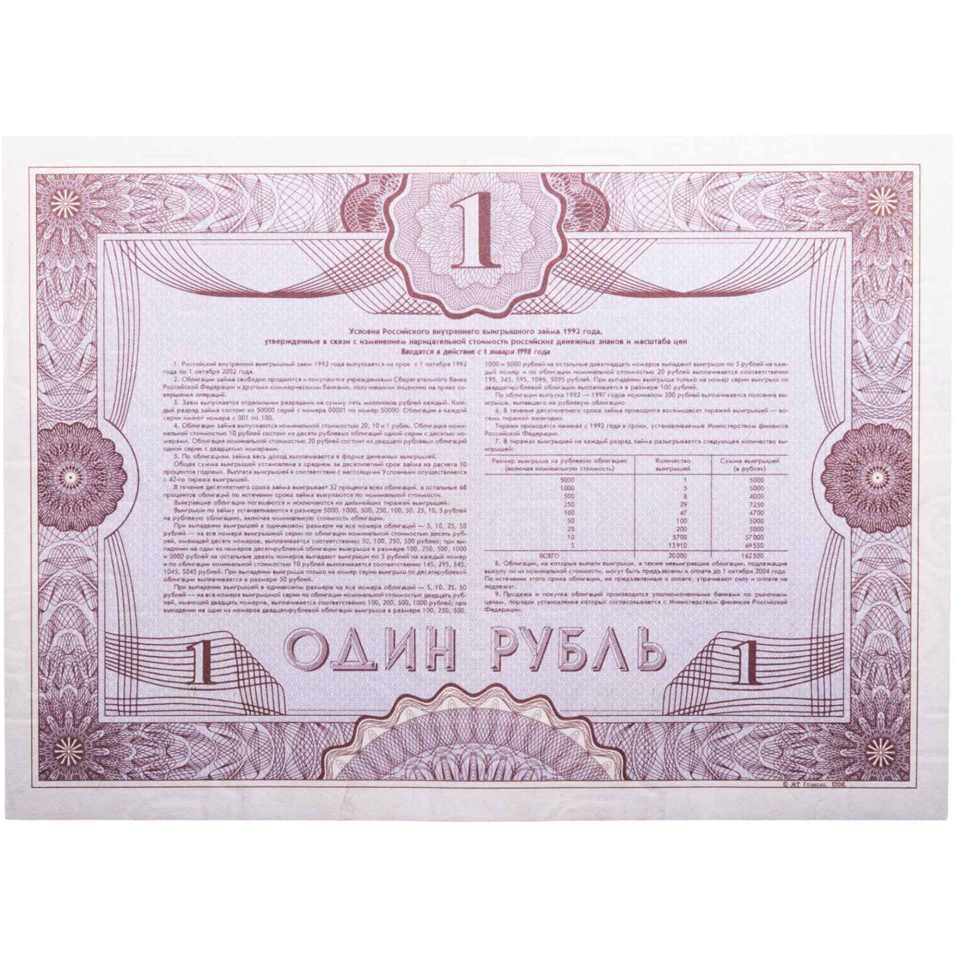Облигация 1 рубль 1992 Российский внутренний выигрышный заем, разряд 48