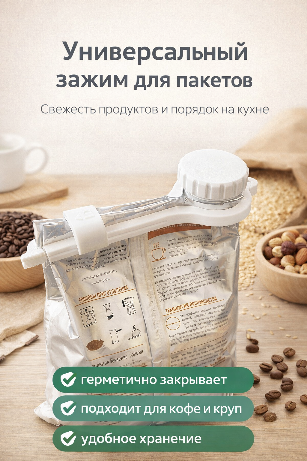Зажим универсальный для пакетов кофе, круп, порошка 200 мм порядок в вещах