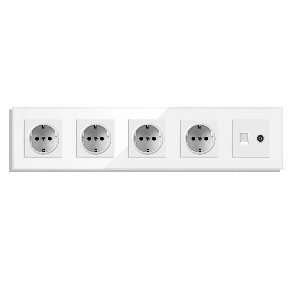 Розетка 5 постов с интернет/тв, CAT5e/TV, рамка 370х86мм стекло, цвет белый