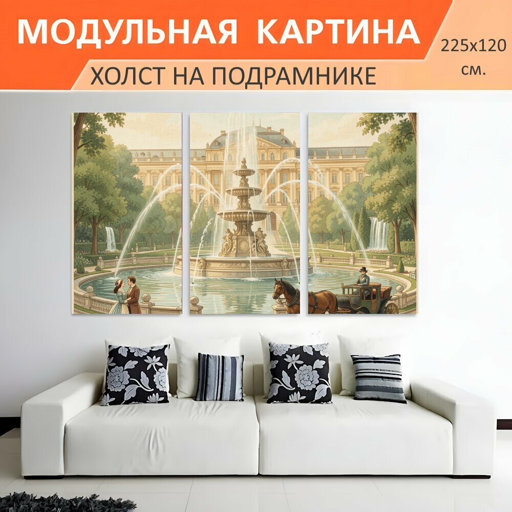 Модульная картина на холсте "Дворцовый сад с фонтаном. Романтичный исторический пейзаж с величественным особняком, каскадным." триптих на подрамнике 225х120 см. для интерьера
