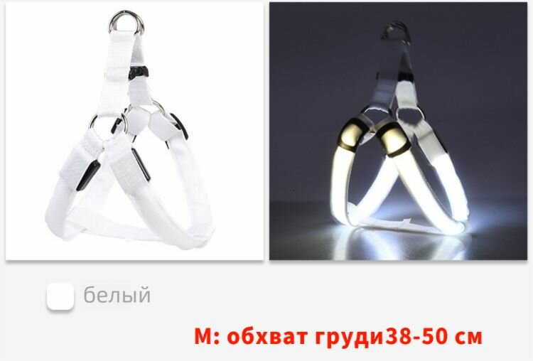 Светящаяся LED шлейка для собак-белый-M38-50cm