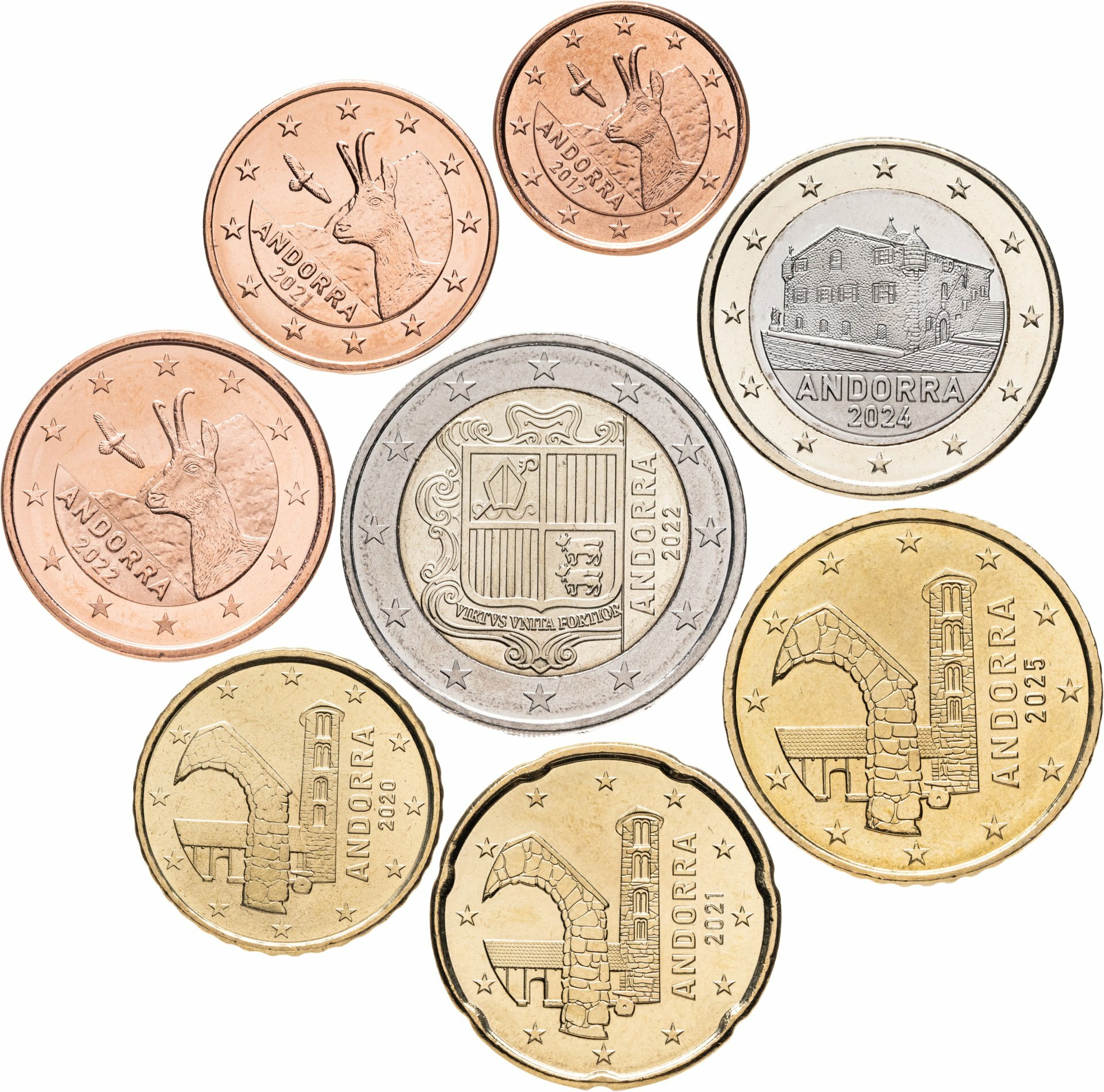 Андорра набор монет евро 2017-2025 8 штук, Биметалл, нордик, сталь с медным покрытием, в сохранности UNC