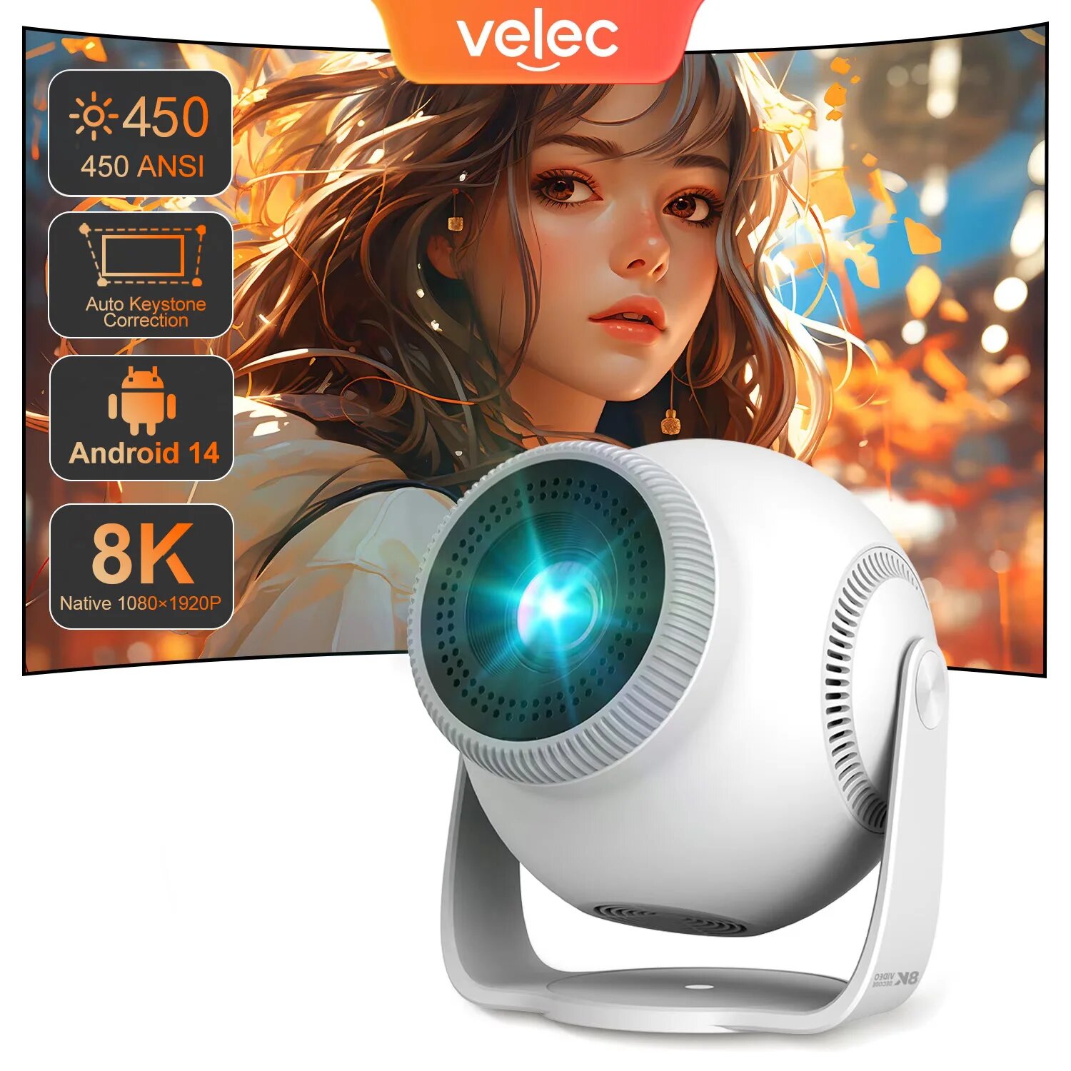 Проектор Velec TP360 на Android 14, 450 ANSI, 720P, с декодированием видео 8K, автофокусом, портативный, для домашнего кинотеатра и просмотра фильмов на улице