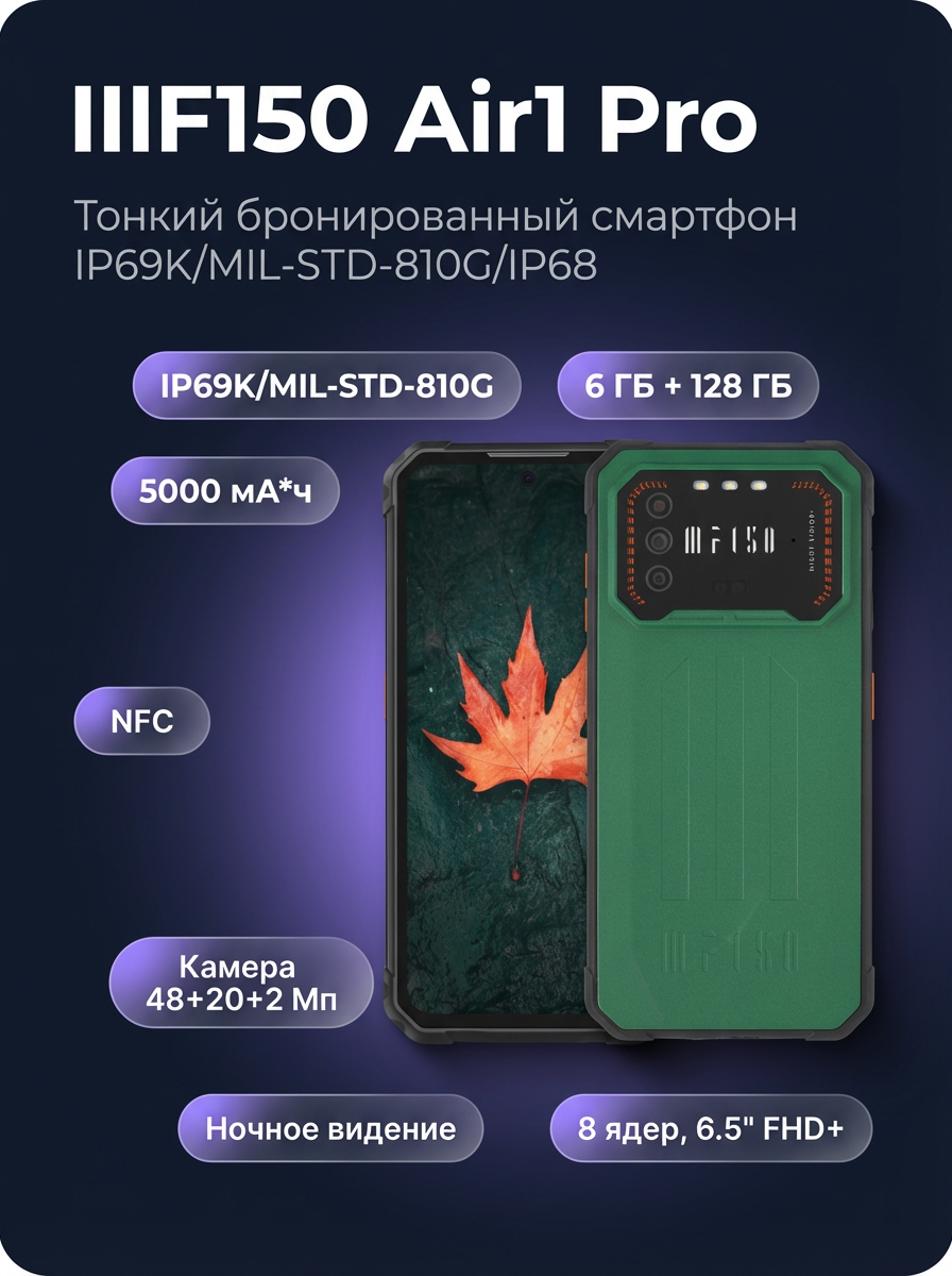 IIIF150 Air1 Pro 128 ГБ зеленый 6.5" ядер - 8x(2.3 ГГц), 6 ГБ, 2 SIM, IPS, 2400x1080, камера 48+20+2 Мп, NFC, 4G, GPS, 5000 мА*ч