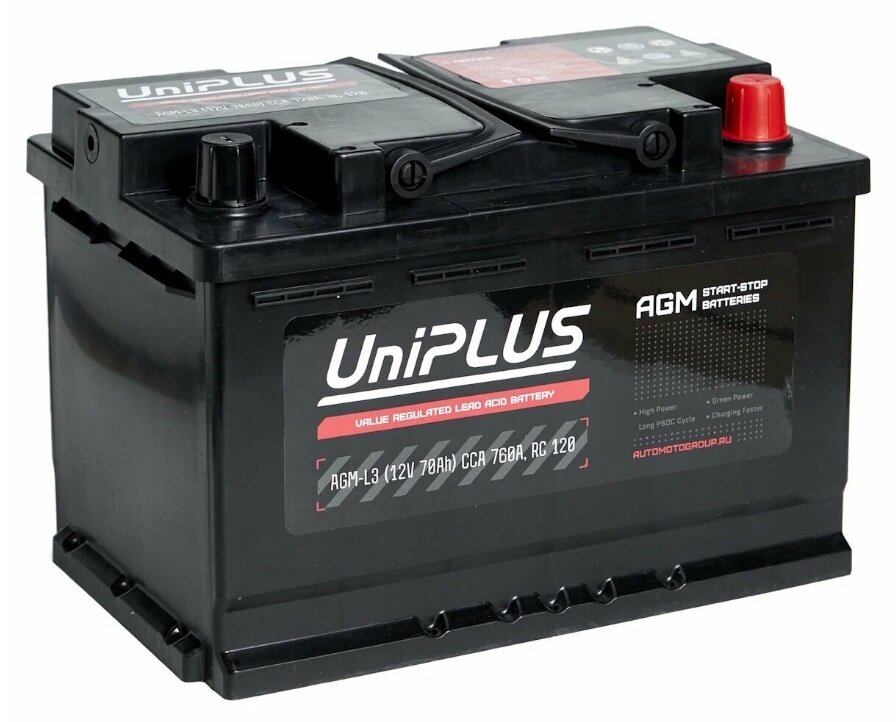 Аккумулятор автомобильный Uniplus Start-Stop AGM 70 А/ч 760 А обр. пол. Евро авто (278x175x190) L3.0
