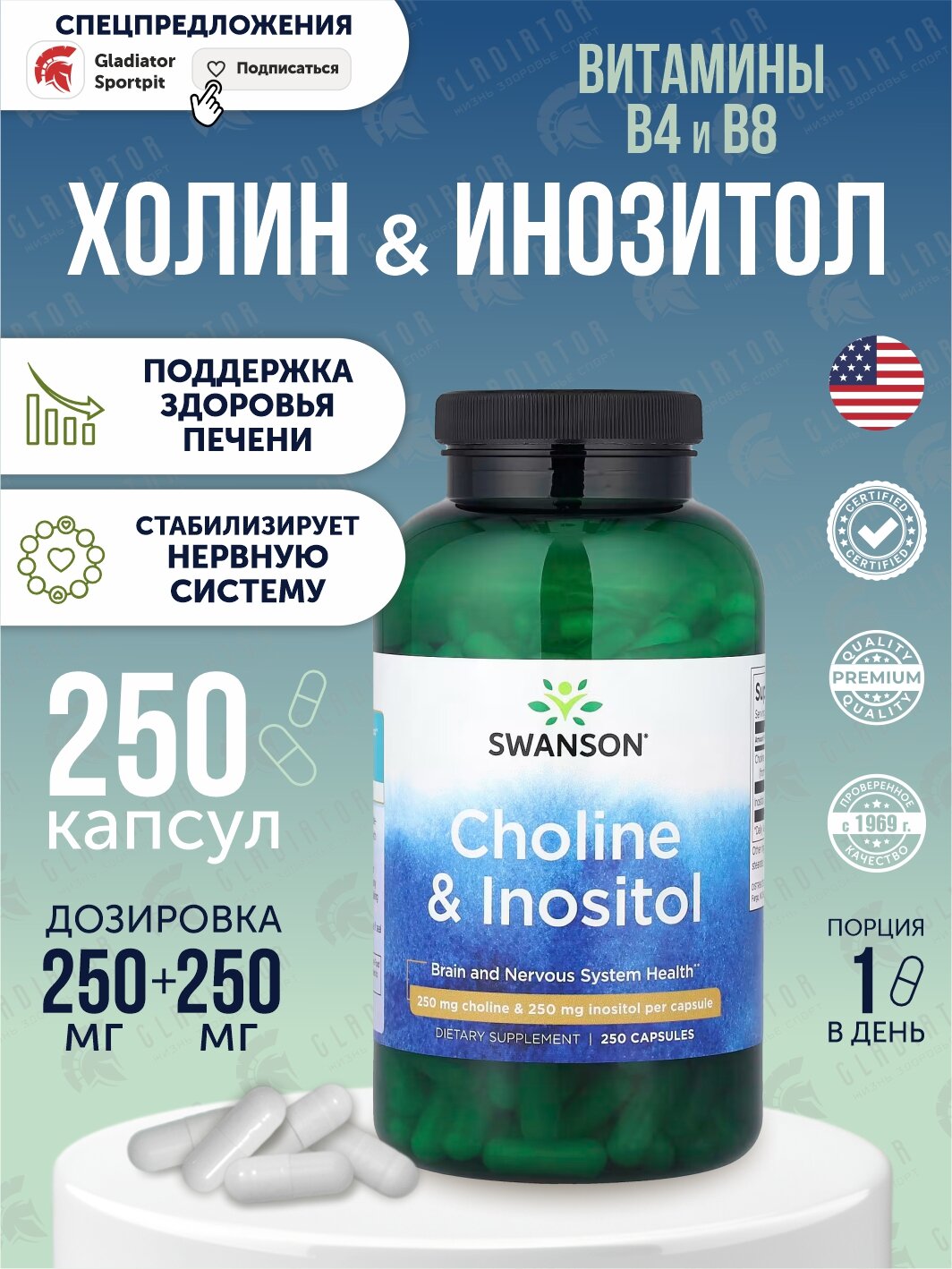 Холин, инозитол, Swanson Choline & Inositol, 250 мг, 250 капсул