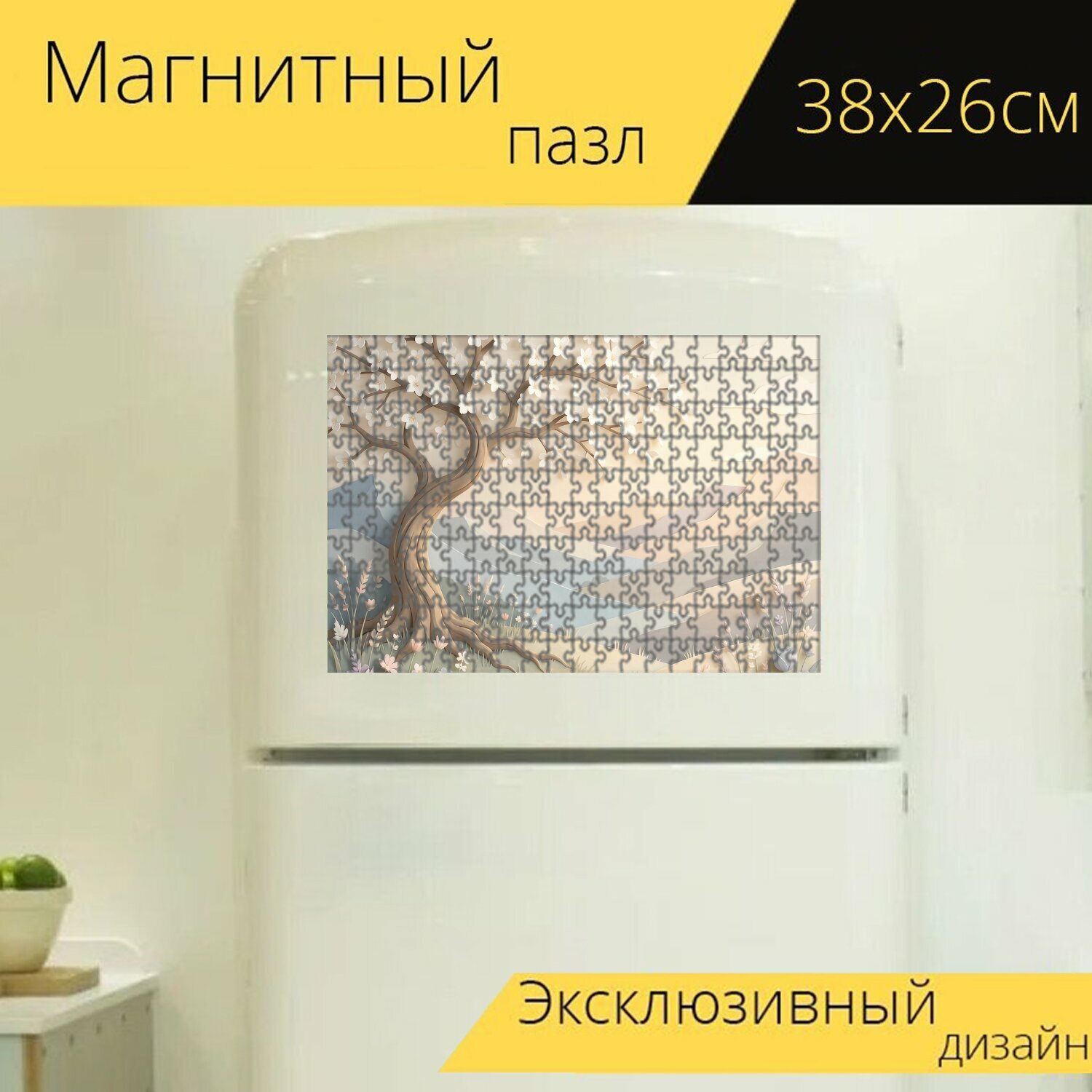 Магнитный пазл "Цветущее дерево в горах. Нежная весенняя композиция в стиле бумажной аппликации: белоснежные сакурные ветви, пастельные холмы, полевые." для интерьера, 38х26 см.
