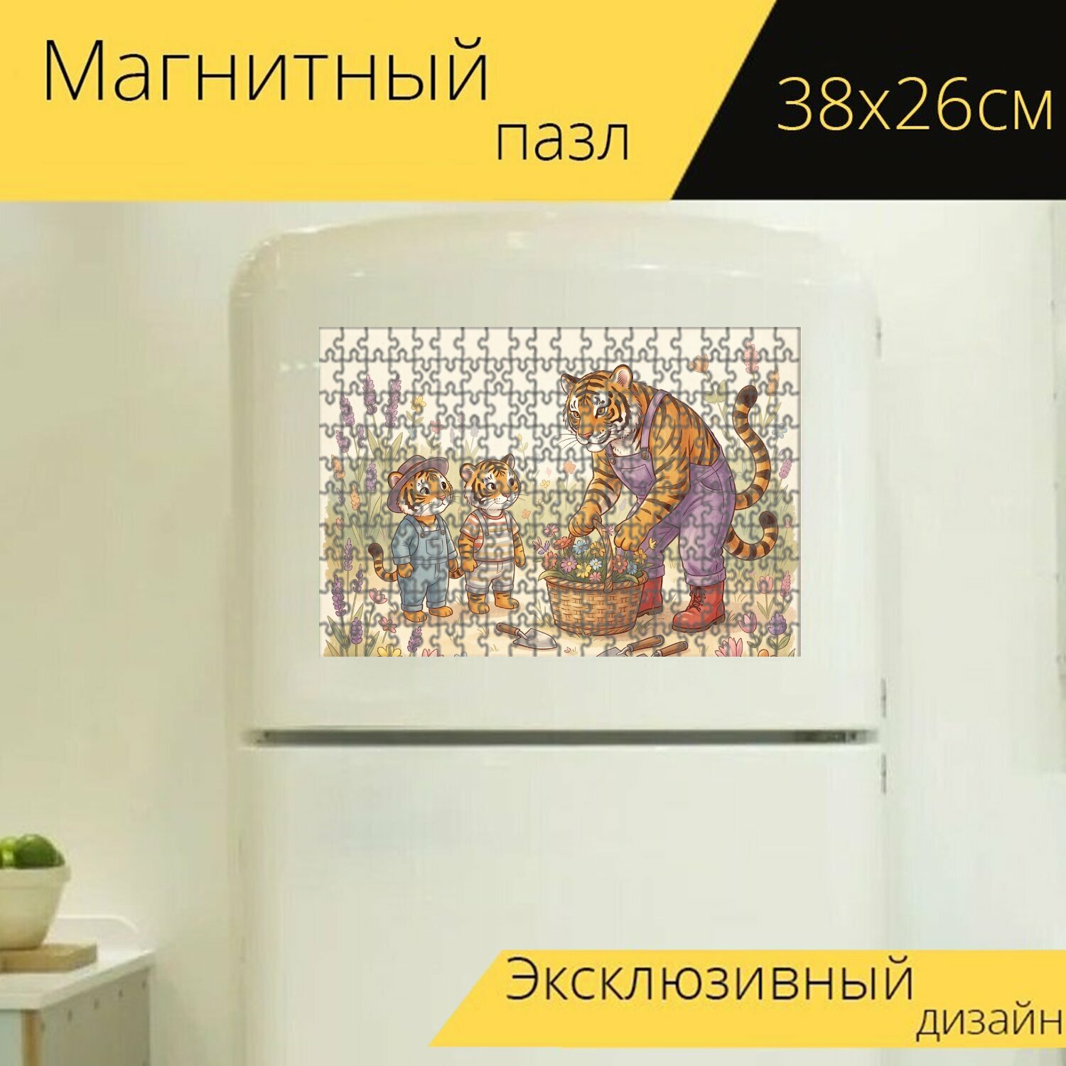 Магнитный пазл "Семья тигров собирает цветы. Милая детская иллюстрация с полосатыми зверями в саду: мама в комбинезоне с корзиной, тигрята рядом, полевые." для интерьера, 38х26 см.