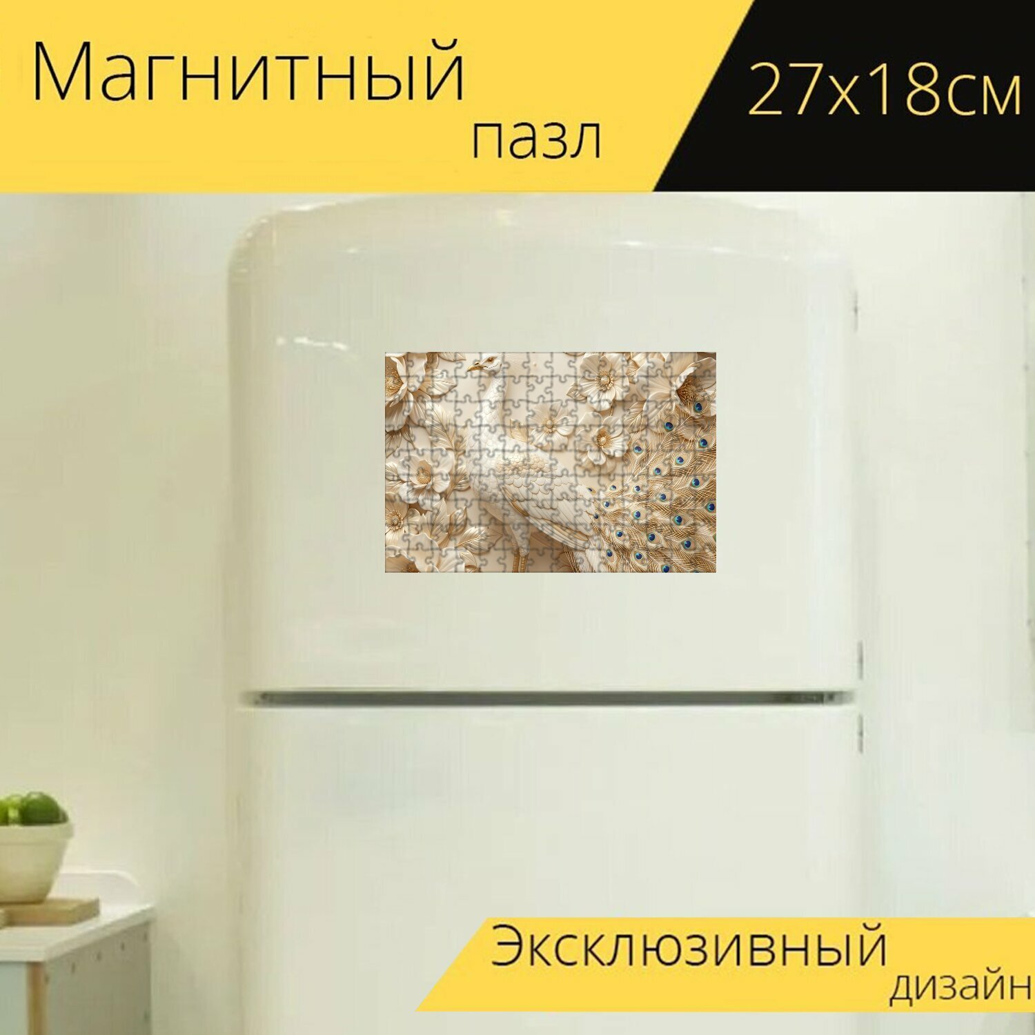 Магнитный пазл "Белый павлин среди цветов. Изящная райская птица в объемной декоративной композиции с крупными лепестками и золотистыми листьями." на холодильник 27 x 18 см.