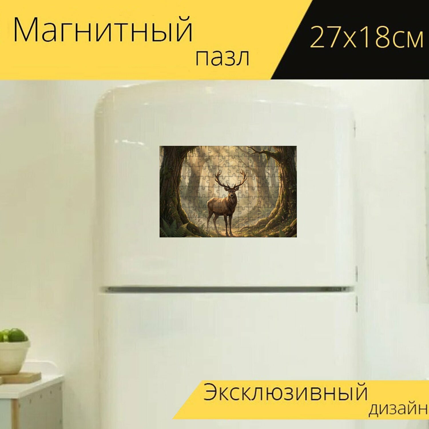 Магнитный пазл "Олень в волшебном лесу. Благородный самец с большими рогами среди древних деревьев, мха, корней и папоротников. Сказочная цифровая." на холодильник 27 x 18 см.