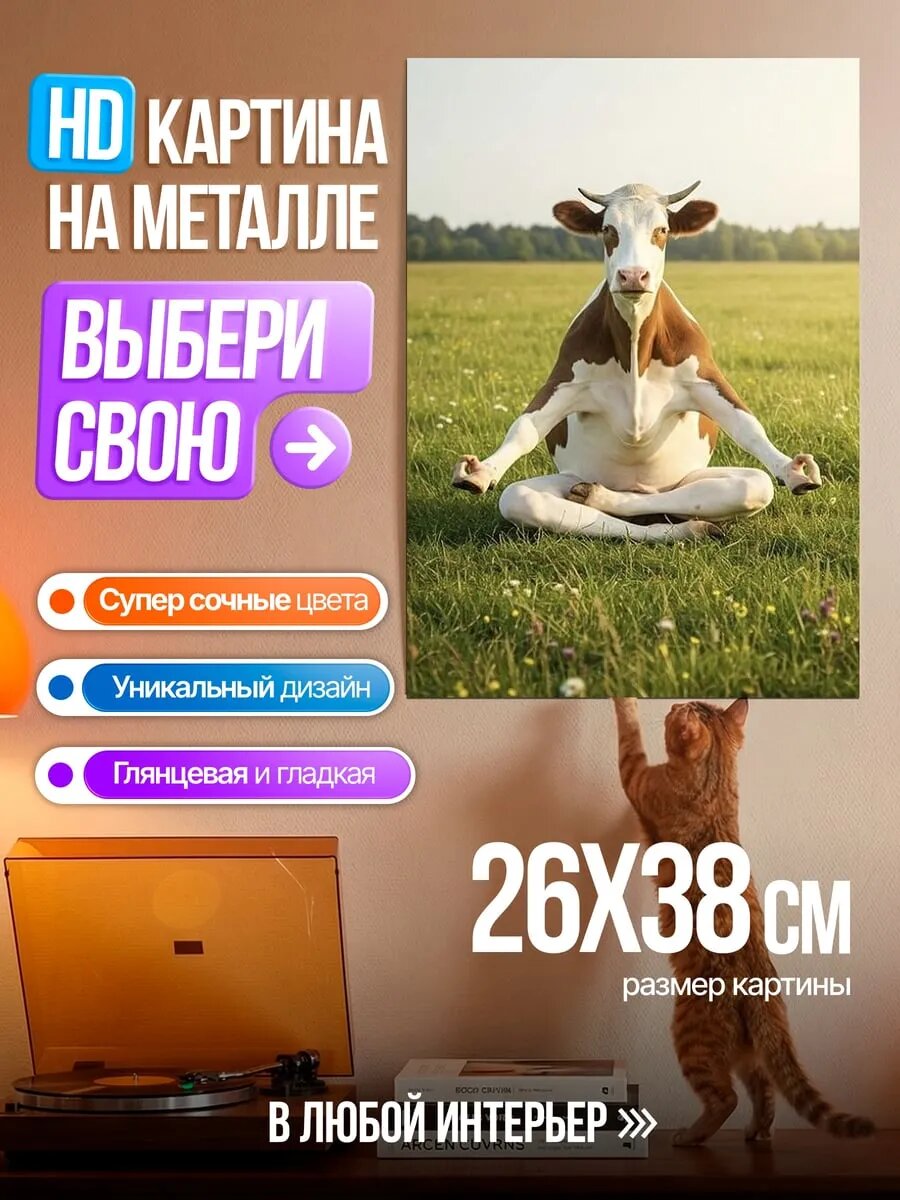 Картина на HD металле Корова в позе лотоса