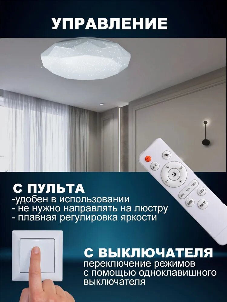 Потолочная люстра светодиодная LED 55 Вт, 400 мм, площадь освещения 15 м², с пультом ДУ — фото 1